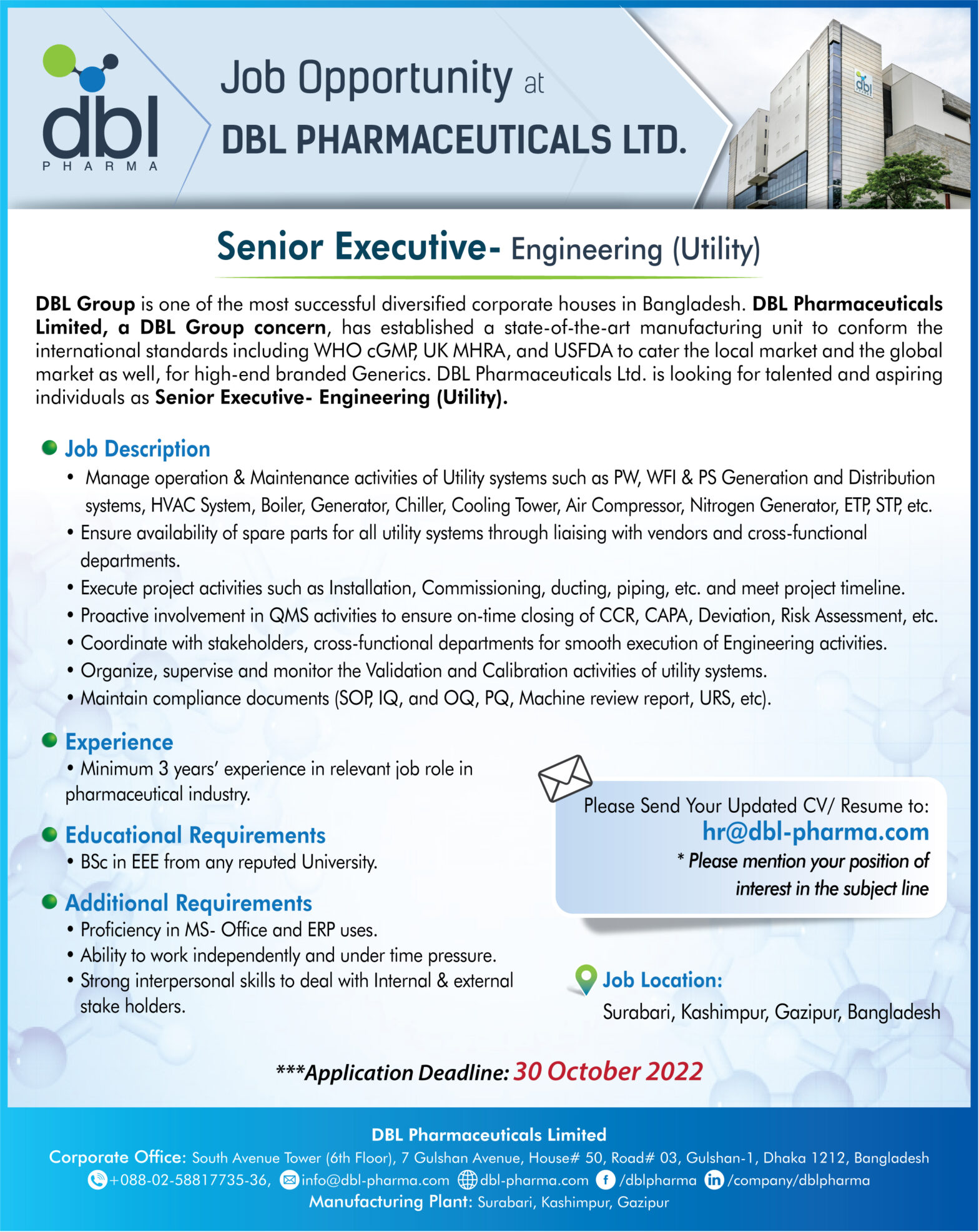 Senior Executive – Engineering (Utility) – dbl pharma