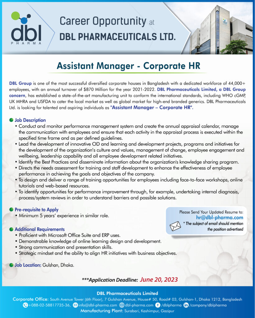 Assistant Manager – Corporate HR – dbl pharma