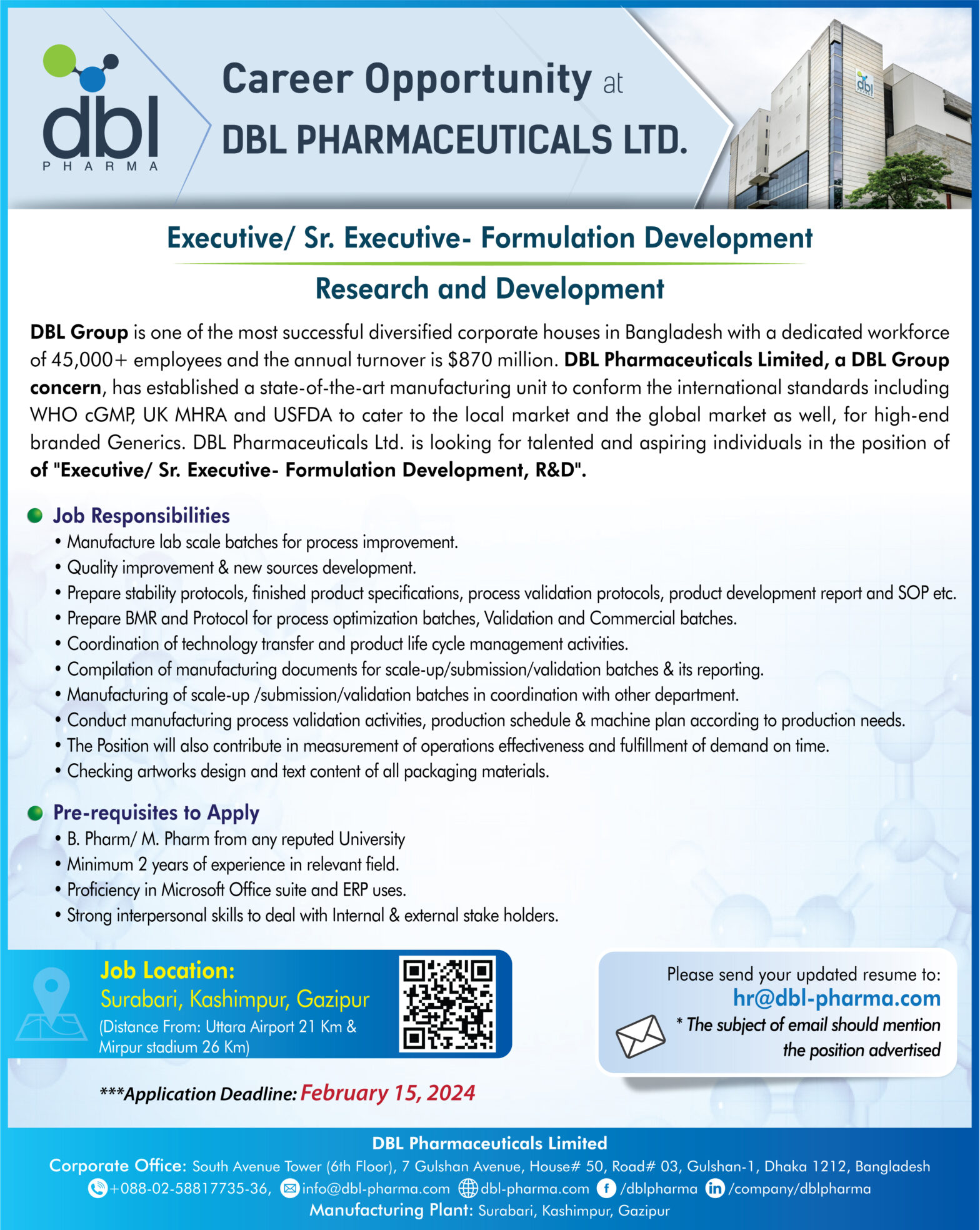 Executive/ Senior Executive – Formulation Development, R&D – dbl pharma